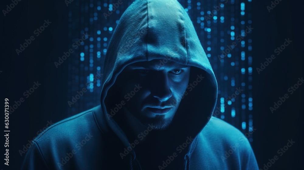 Computer hacker in hoodie with matrix code instead his face on blue digital background. Data ...