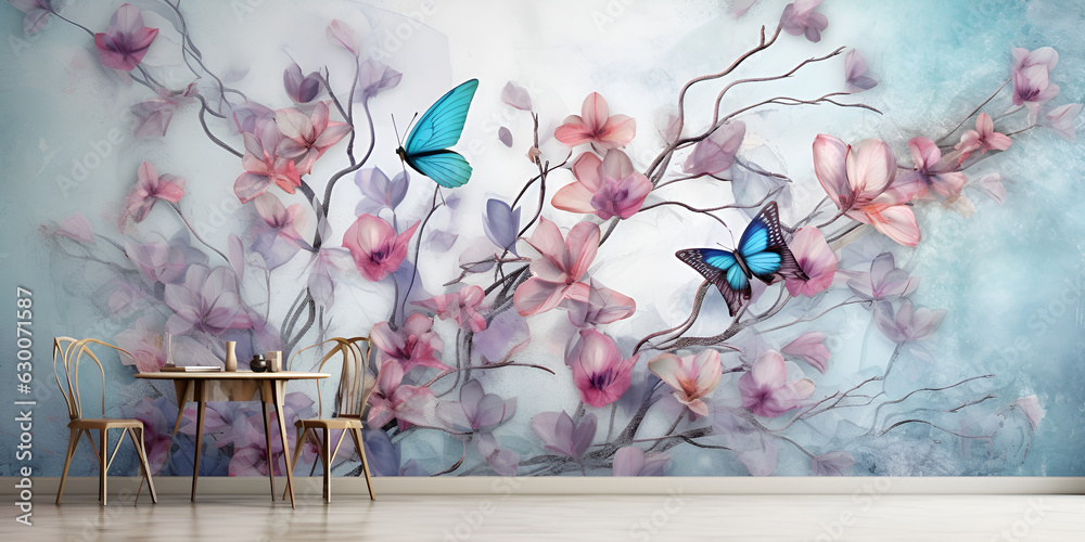 Wall Mural 3D Wallpaper Pink Flower Butterfly for Living Room Wall ...