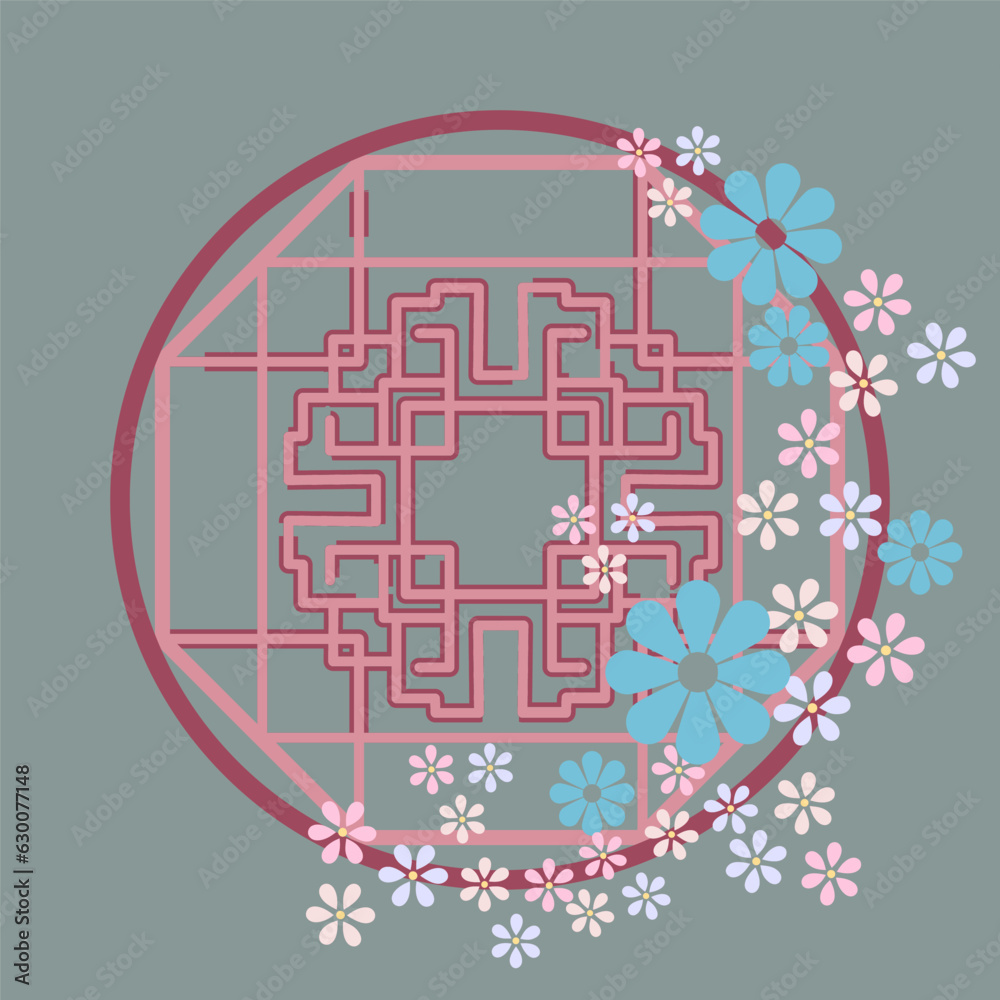 Chinese traditional window in flowers. Hand-drawing of a Chinese window ...