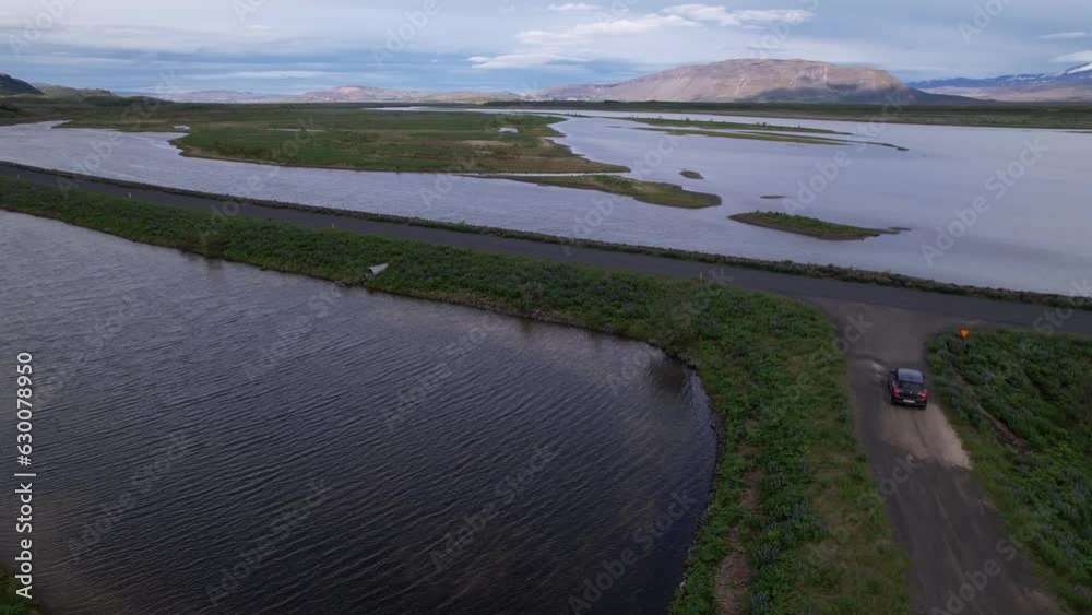 DRONE AERIAL FOOTAGE: The Þjórsardalur valley, along the river Þjorsa ...