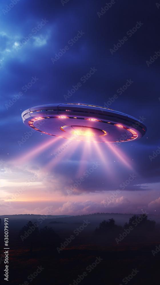 Mysterious UFO sighting in the twilight sky emitting an iridescent glow ...