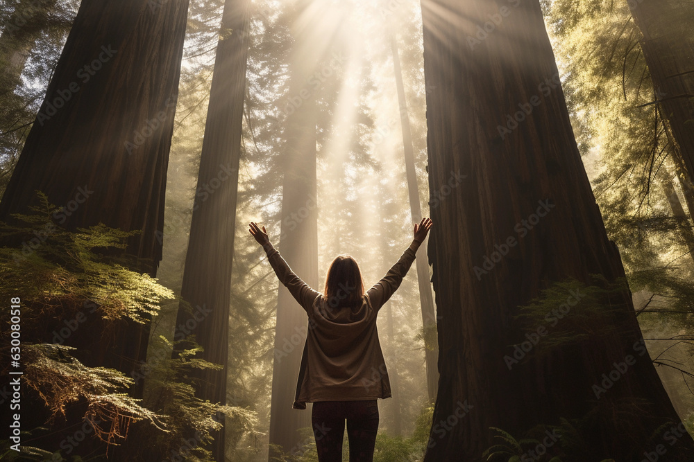 Deep into an ancient redwood forest, a woman standing tall, stretching ...