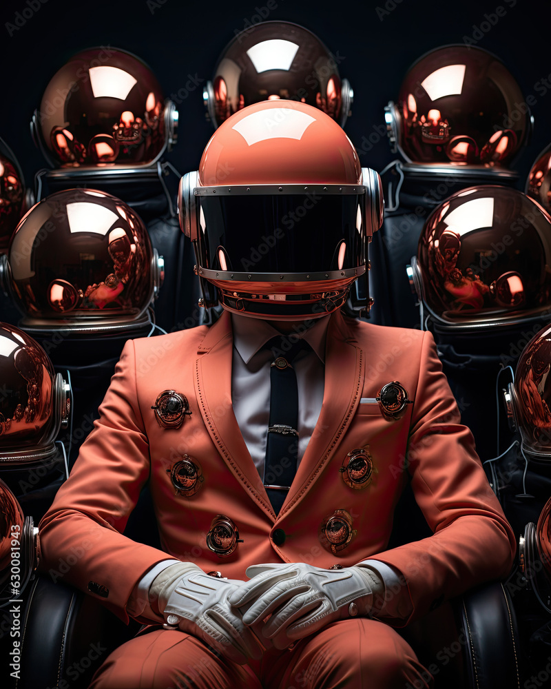 Man with a gum helmet, wearing a suit and tie, in the style of ...