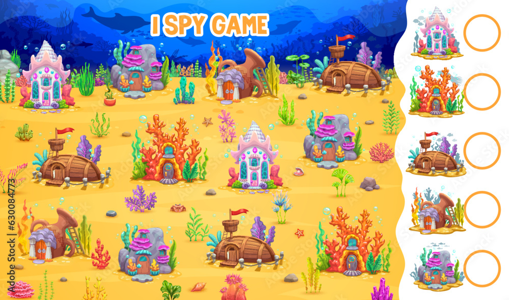 I spy game, cartoon underwater landscape with sea fairytale houses ...
