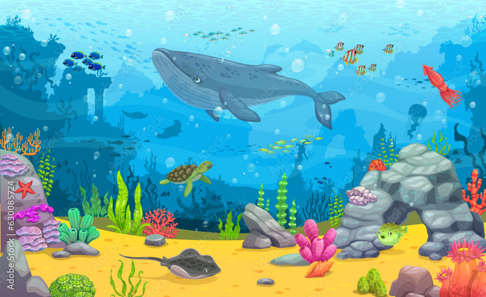 Cartoon underwater landscape. Blue whale, fish shoals and sea animals ...