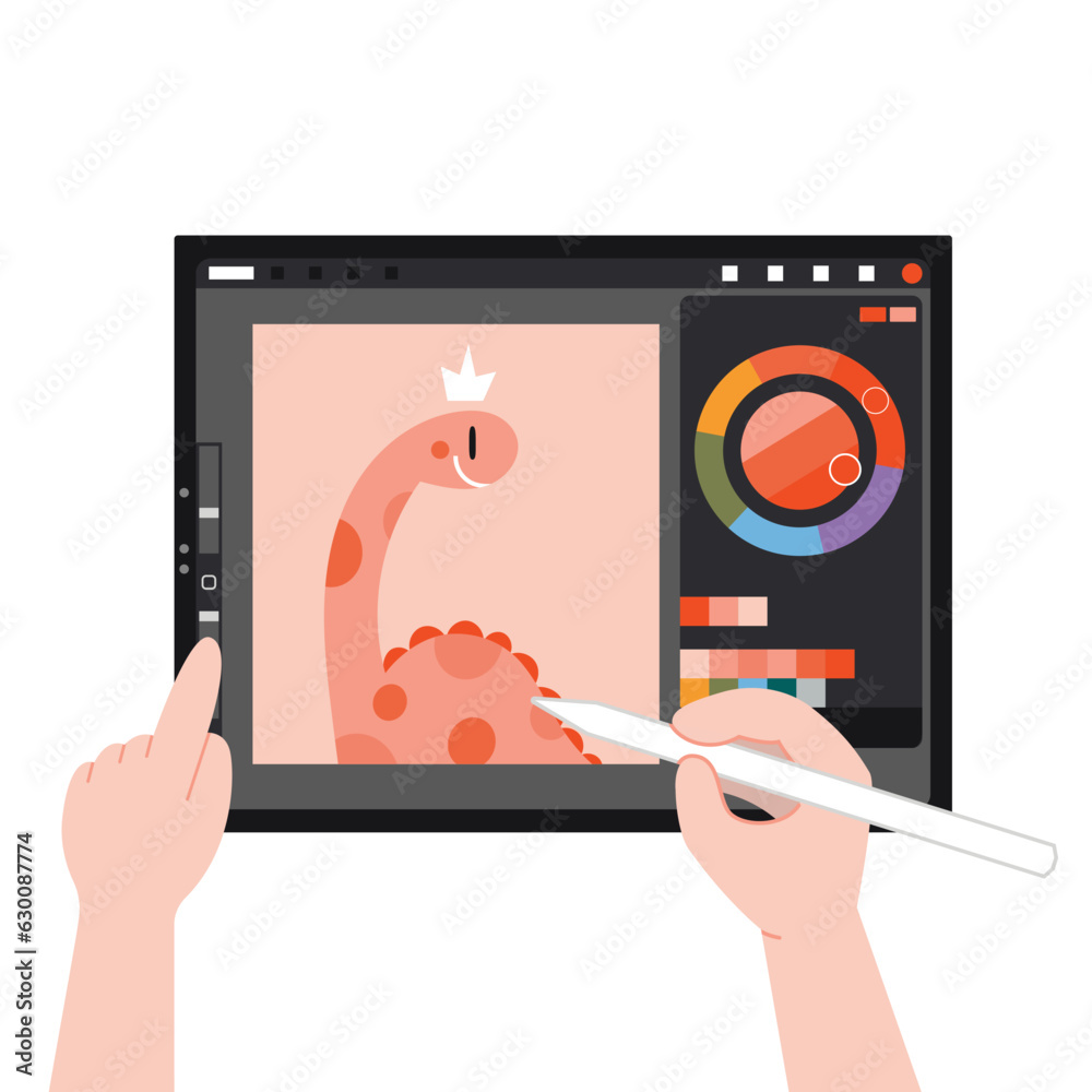 Digital tablet and hands drawing on it, graphic editor interface ...