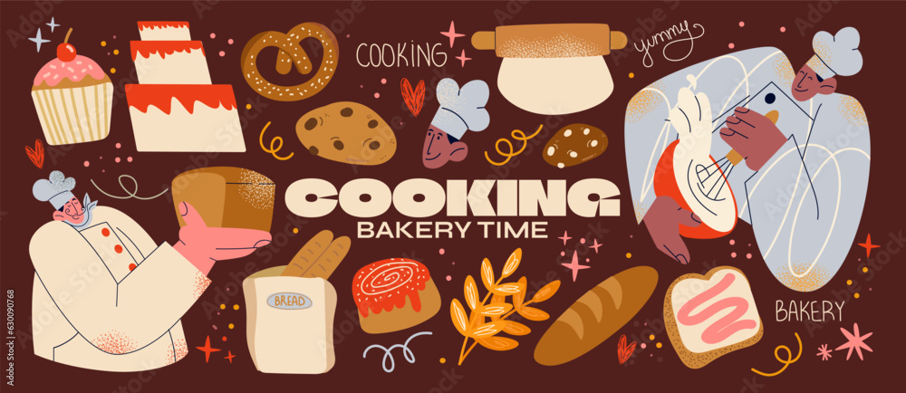 Retro stickers characters bakers from the 90s cooking. Cartoon vintage ...