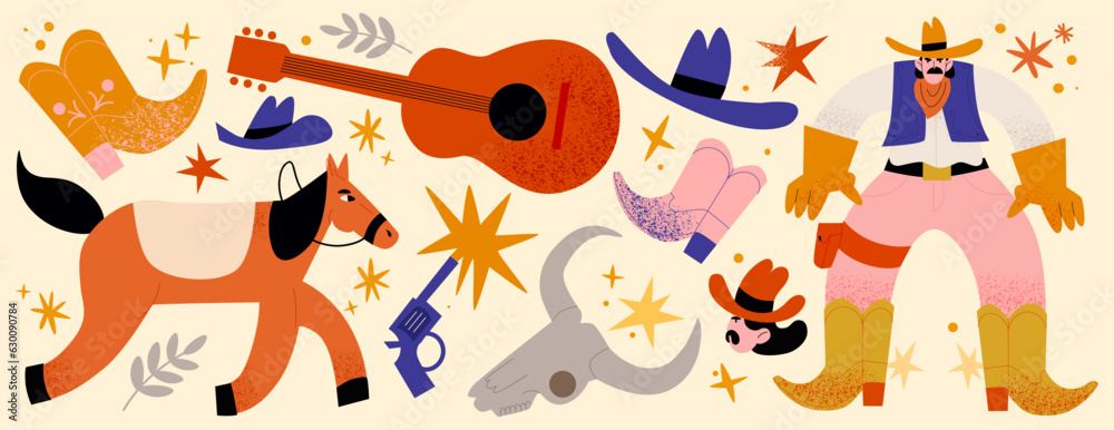 Retro stickers and characters cowboys 90s. Cartoon vintage style ...