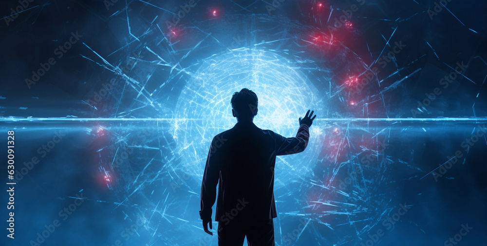 Man seen from behind, reaching out to touch a lifelike AI presented as ...