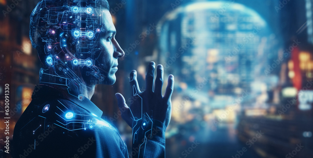 Man intently observes a lifelike AI in the form of a luminous human ...