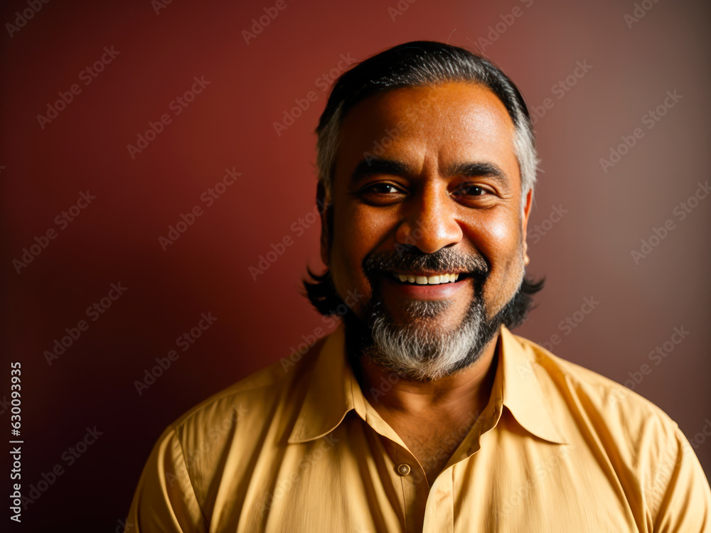 Portrait of the middle age bearded indian man with a cheerful smile ...
