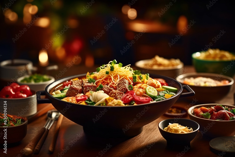 Lively noodle bar scene with different types of noodle. Asia food. Udon ...