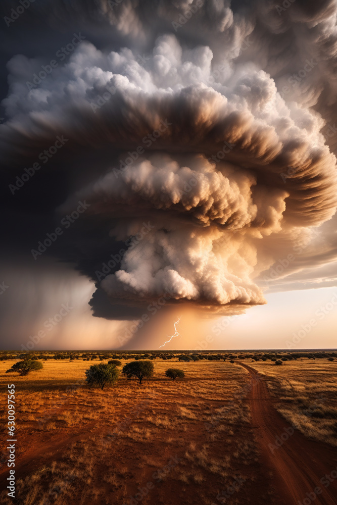 Generative AI image of raging tornado with lightning at with grass ...