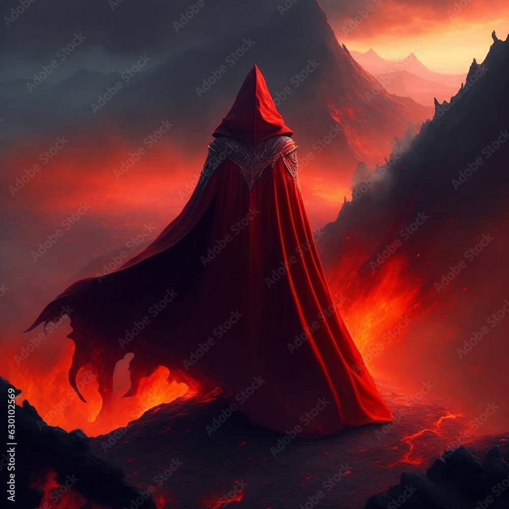 In a realm of fire and lava, a fiery being robed in a crimson cloak ...