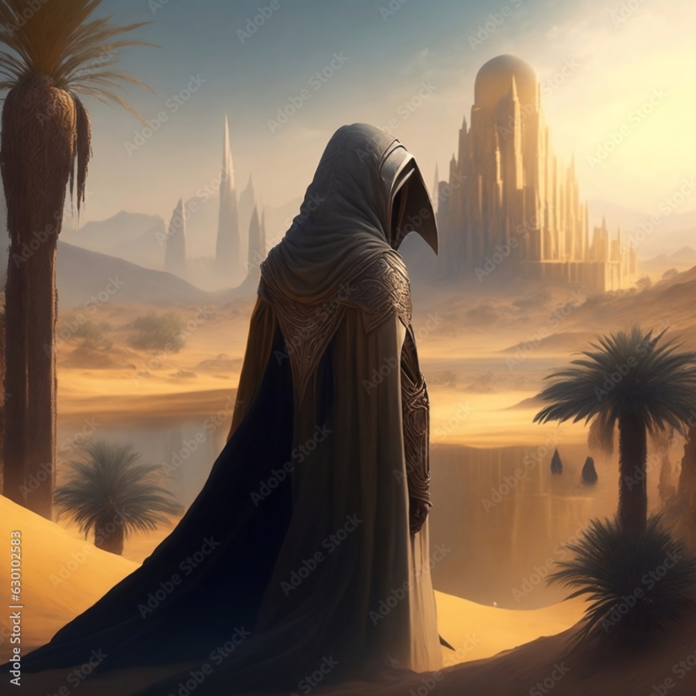 In an ancient desert city, a hooded figure with a silver cloak stands ...