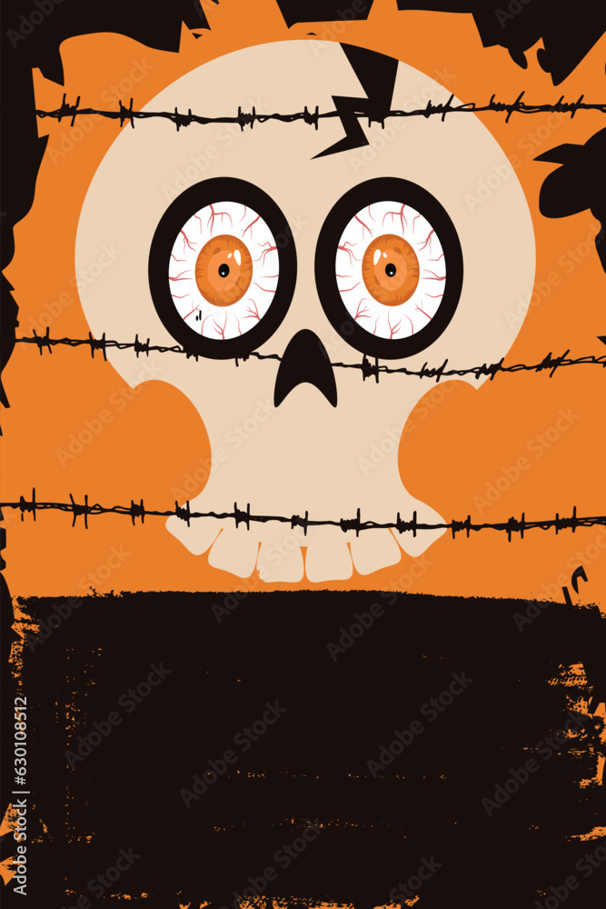 cartoon cracked skull with eyeballs behind barbed wire. Halloween flyer ...