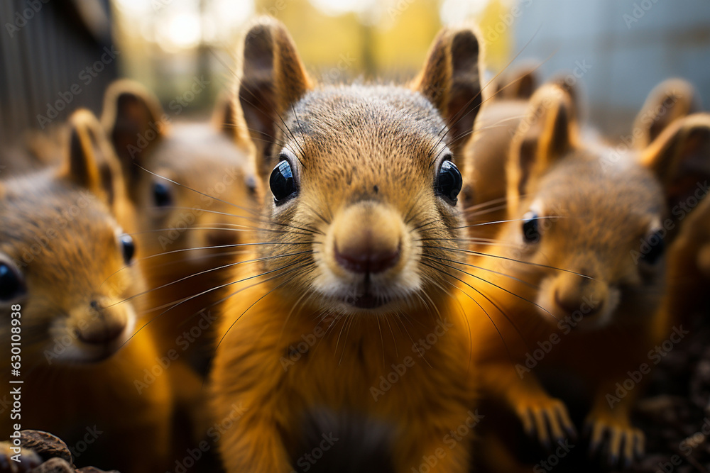 Many baby squirrels portrait in forest park looking at camera with a ...