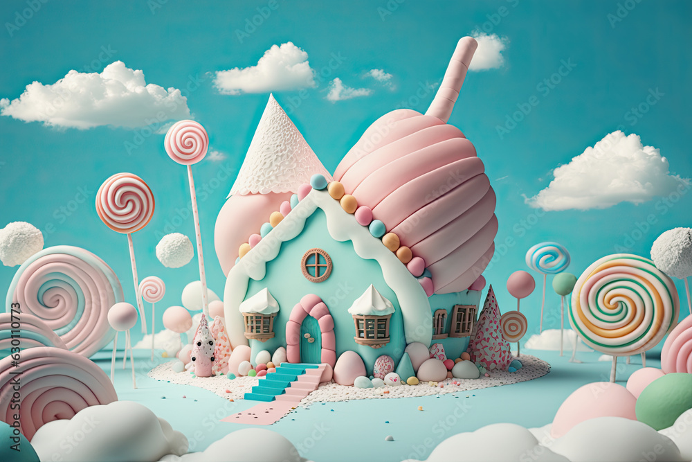generative ai, cute candy house in a pastel colored candyland with ...
