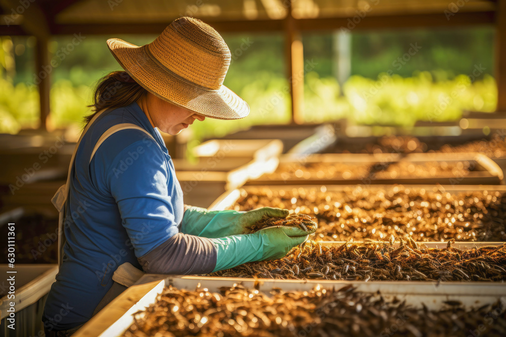 Insect farming with a female farmer checking her produce on a small ...