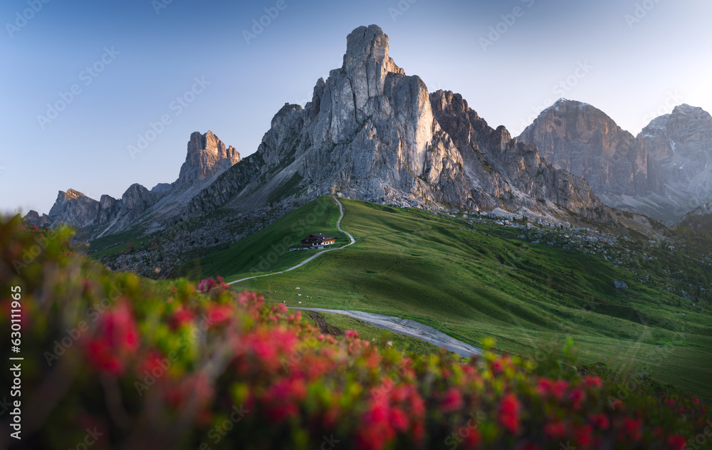 Stunning view of the Giau pass during a beautiful sunset. The Giau Pass ...