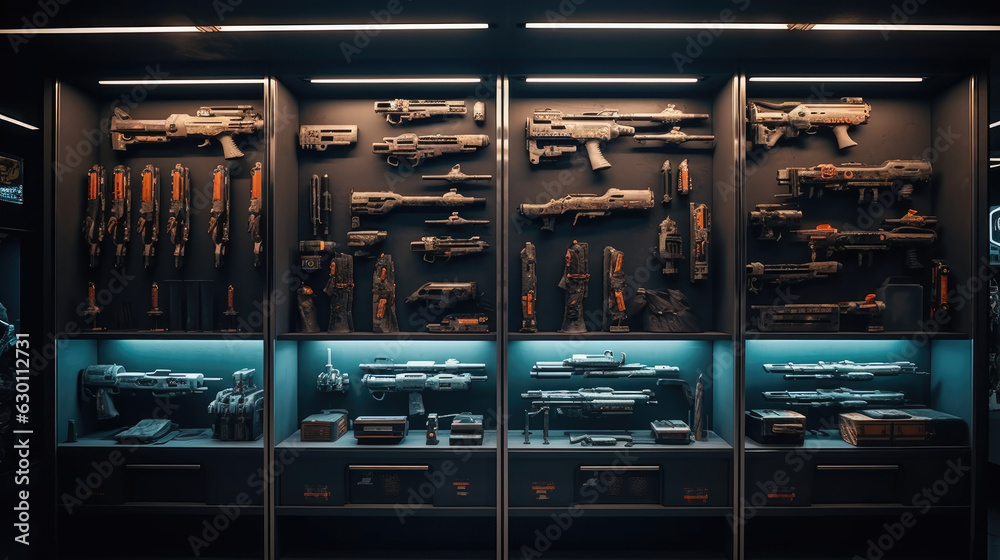 Modern interior of gun shop. Futuristic arsenal that offers a choice of ...