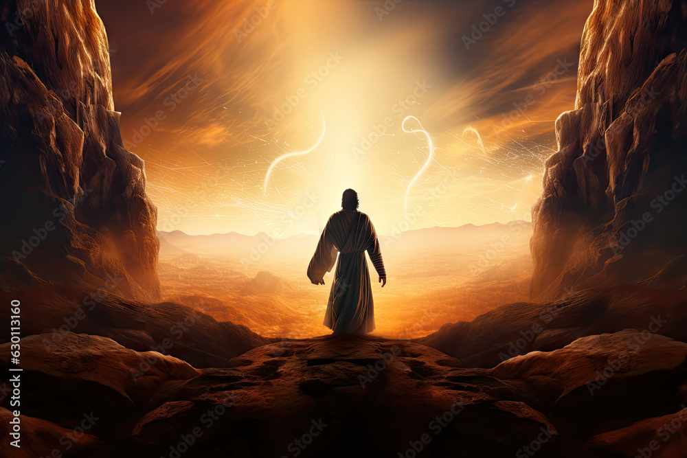 Jesus standing in the desert, looking out at the horizon, his white ...