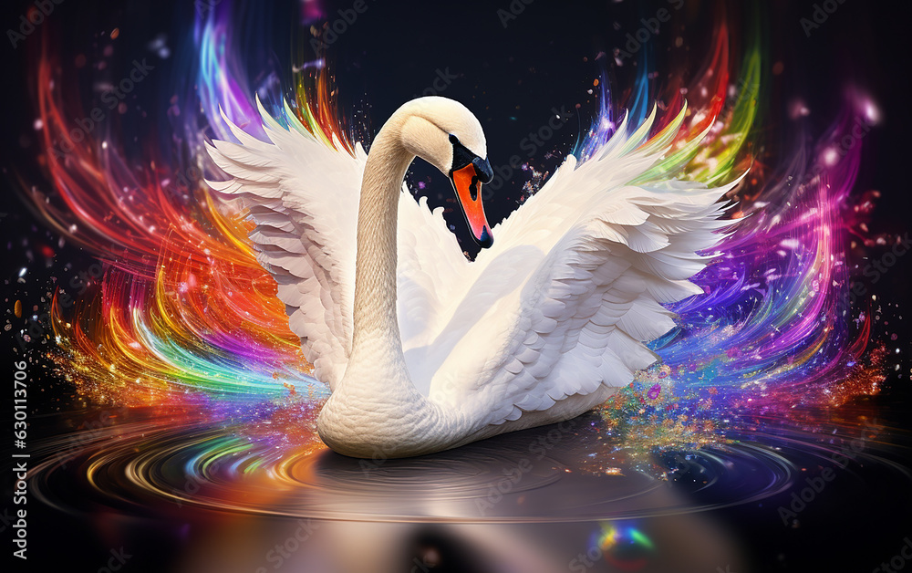 Swan, graceful and beautiful. Surrounded by a vivid spectrum of light ...