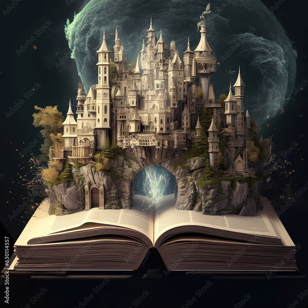 Magic book with fairytale castle in the sky. Fantasy and fairy tale ...