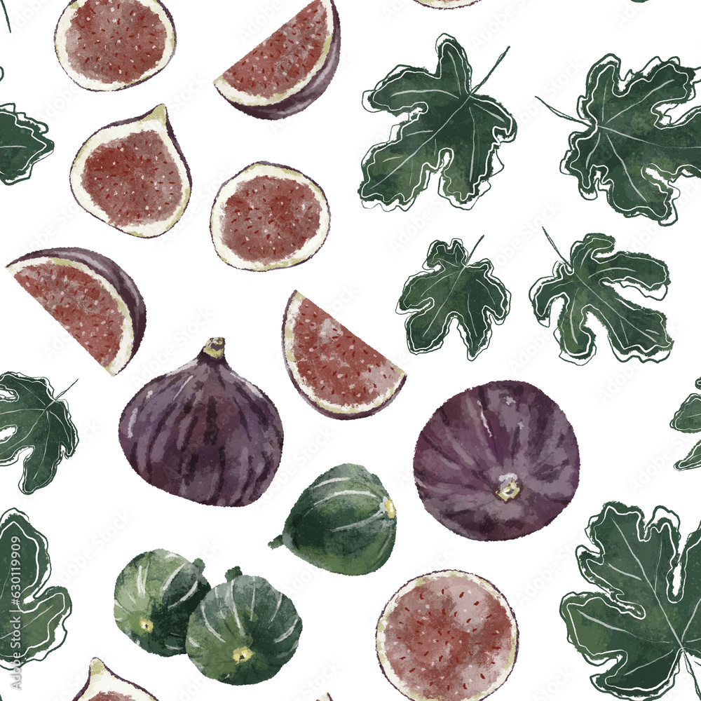 Seamless figs pattern on white background. Summer fruits and leaves ...