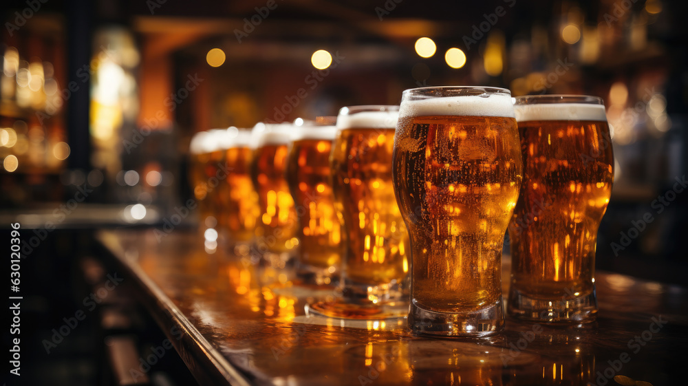 portrait photograph of Draft beer in glasses on the bar stand in a row ...