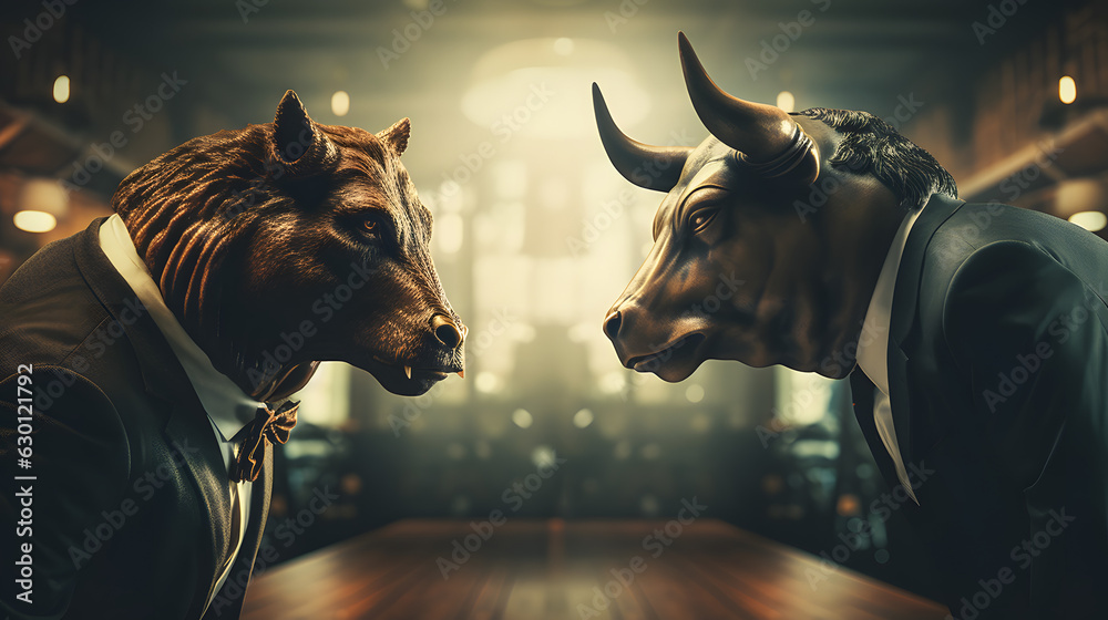 Bull versus bear in suits facing each other, trading on stock market ...
