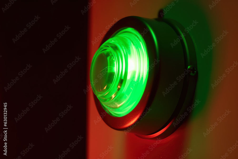 Close-up of a fire alarm system with an illuminated green LED light ...