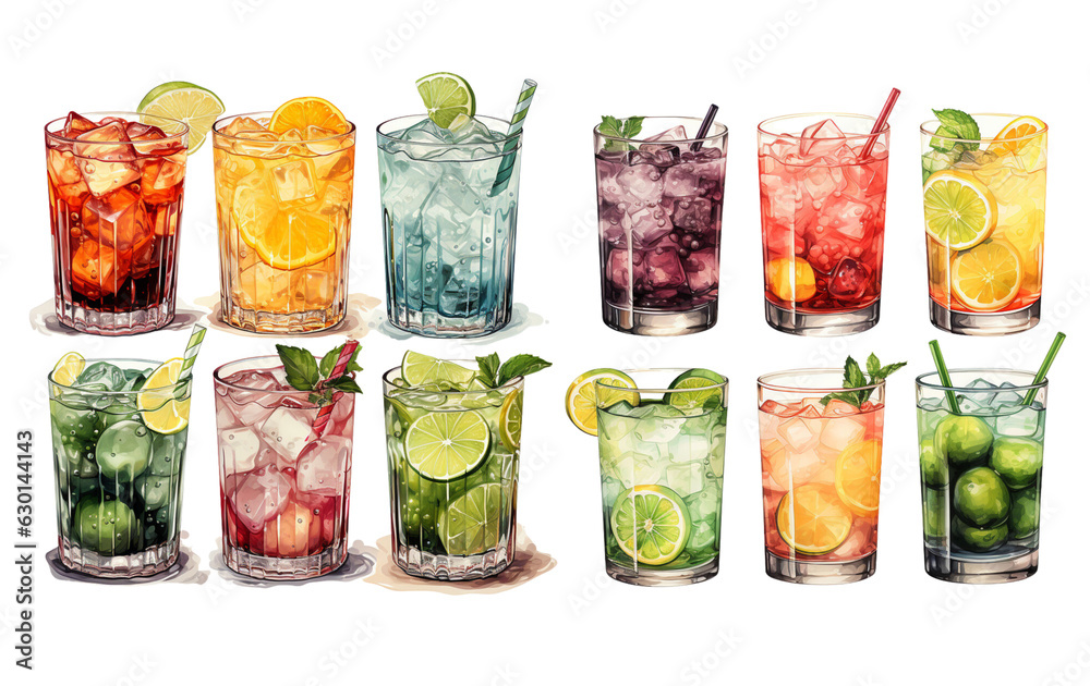Watercolor cocktail drinks set on white background. Watercolor painting ...