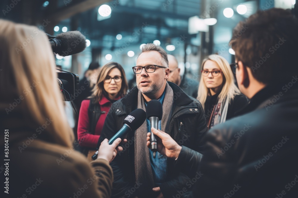 mature professional politician man being interviewed live by a tv ...