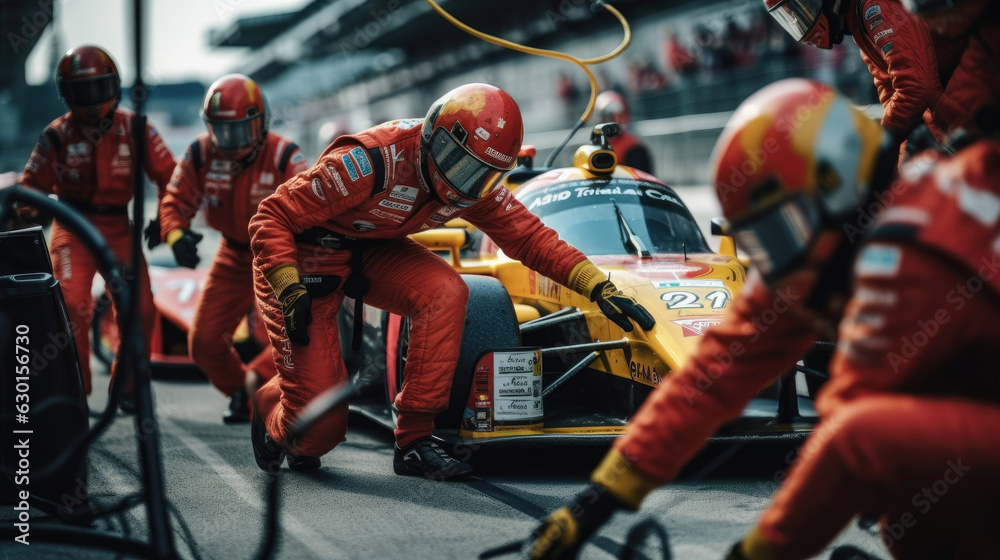 Close-up of a NASCAR pitstop in action as the crew efficiently swaps the worn - out tires for ...