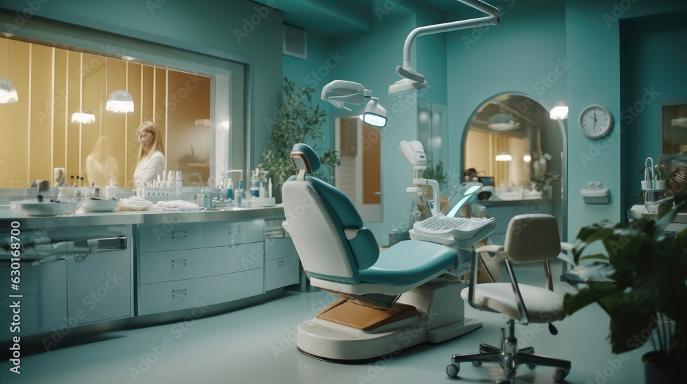 A modern dental practice interior, featuring an ergonomic dental chair ...