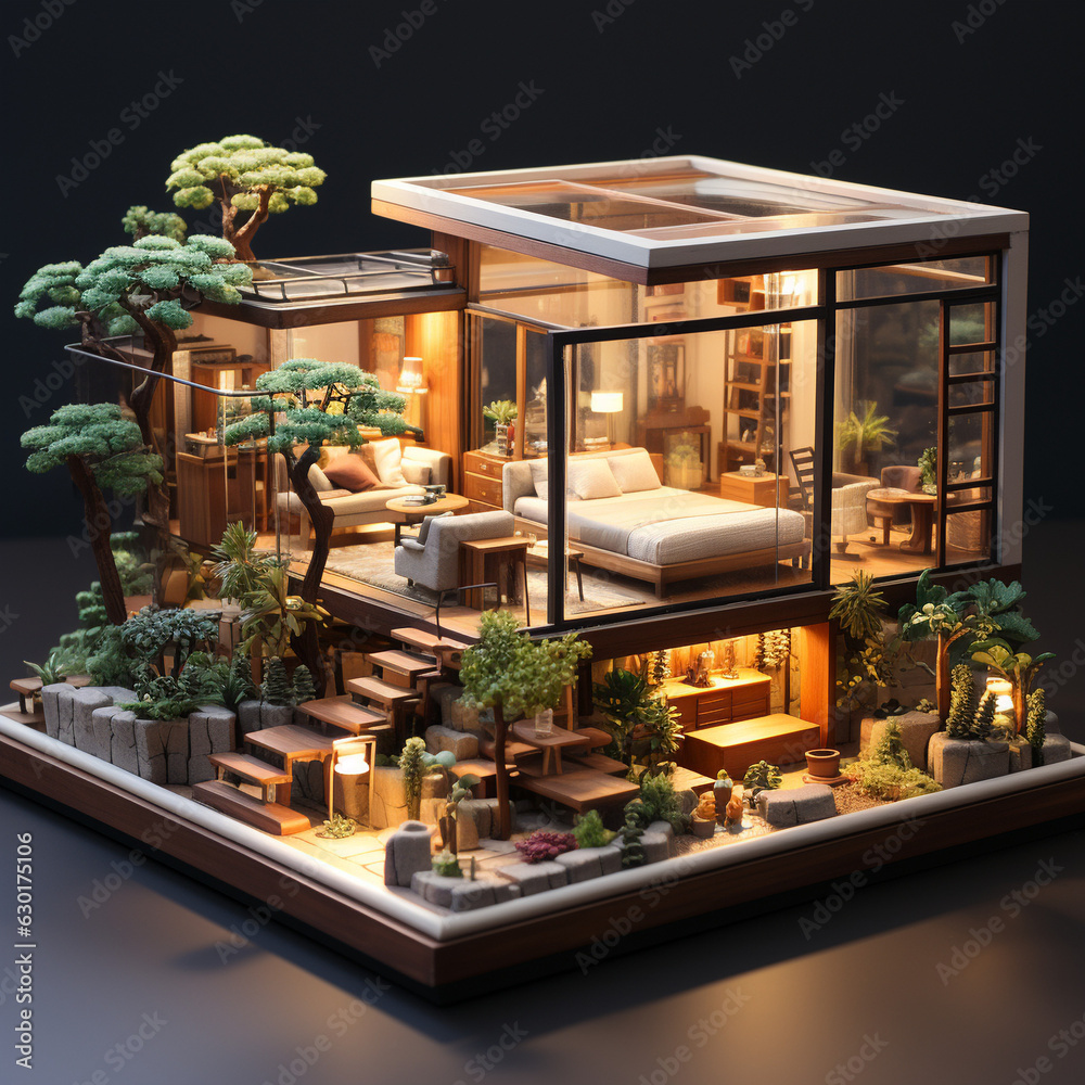 A realistic wooden modern tiny house with flat roof and big windows all ...