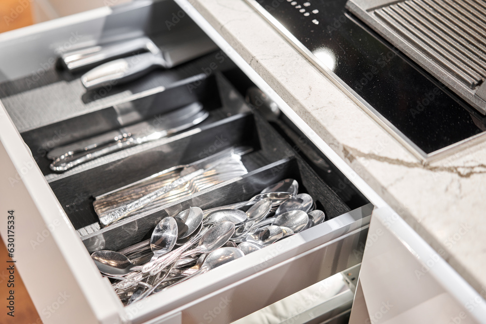 Kitchen utensil cutlery drawer organizer tray with simple set of tools ...