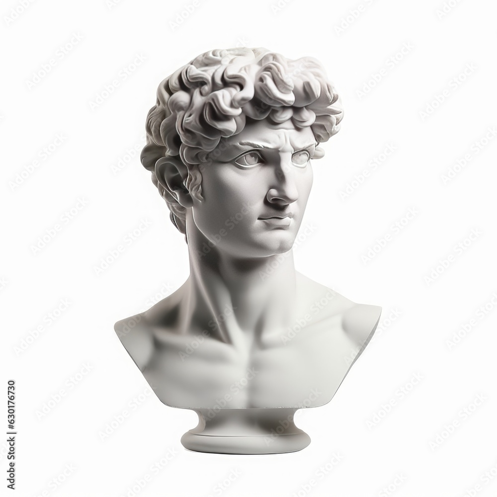 Gypsum statue of David's head. Michelangelo's David statue plaster copy isolated on white ...