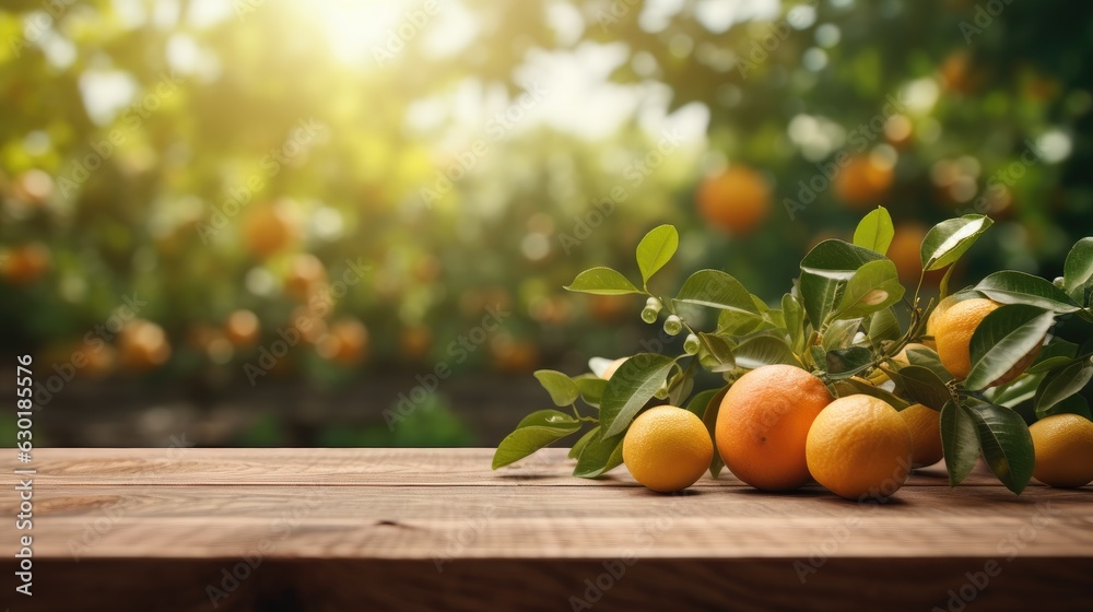Empty wooden table with space over orange tree, orange field background ...