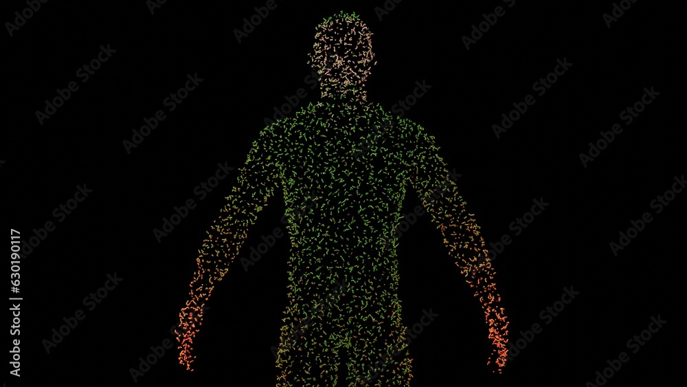 Human body made of glowing yellow points, dots. Microbiome bacteria ...