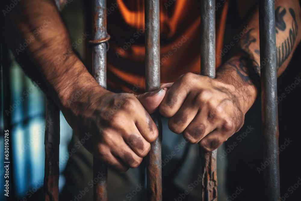 Man behind prison bars. Men's hands rest on the bars of a prison or ...