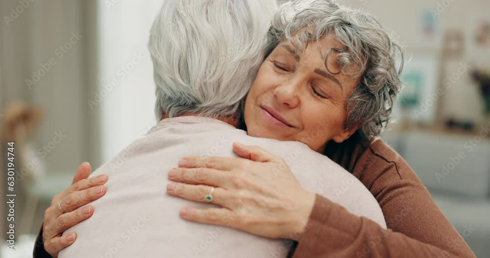 Support, face and senior friends hug in retirement friendship reunion ...