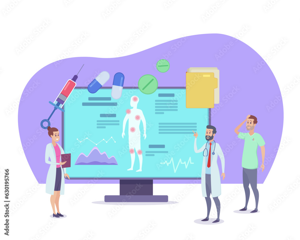 Tiny doctors with patient infographics on computer screen. Medical ...