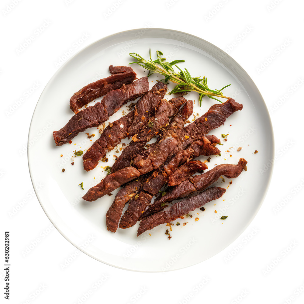 Biltong South African Cuisine On White Plate On Isolated Transparent ...