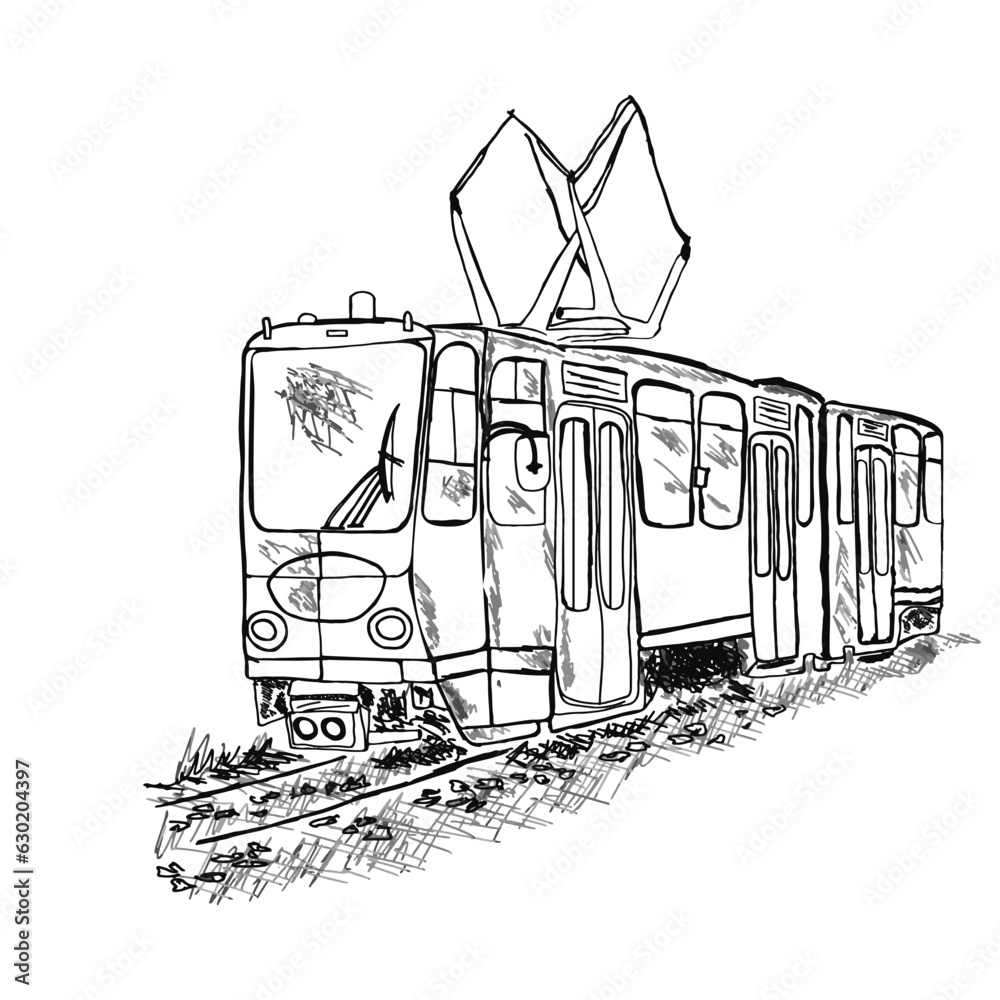 Tram isolated on white background. Public transport.Hand drawn retro ...