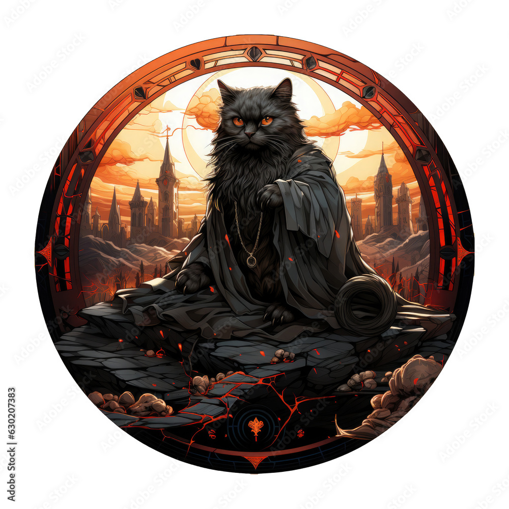 A Persian cat donning a classic vampire cape and fangs, sitting on a ...