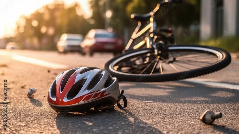 After an automobile accident, a bicycle helmet is seen in close-up ...