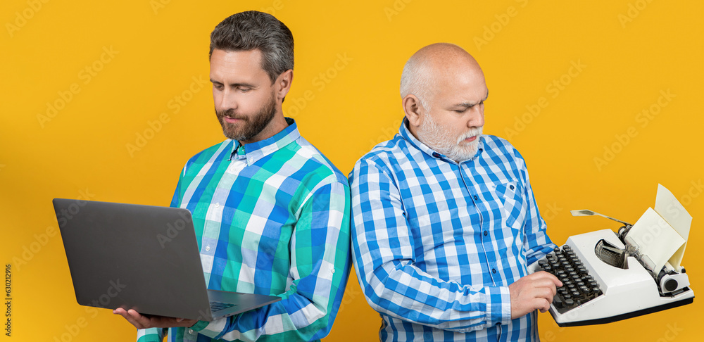 men show versus nostalgia isolated on yellow. two men show versus ...