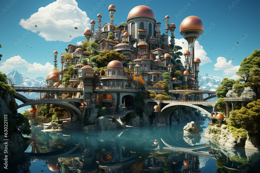 A floating cityscape with levitating buildings and surreal architecture ...